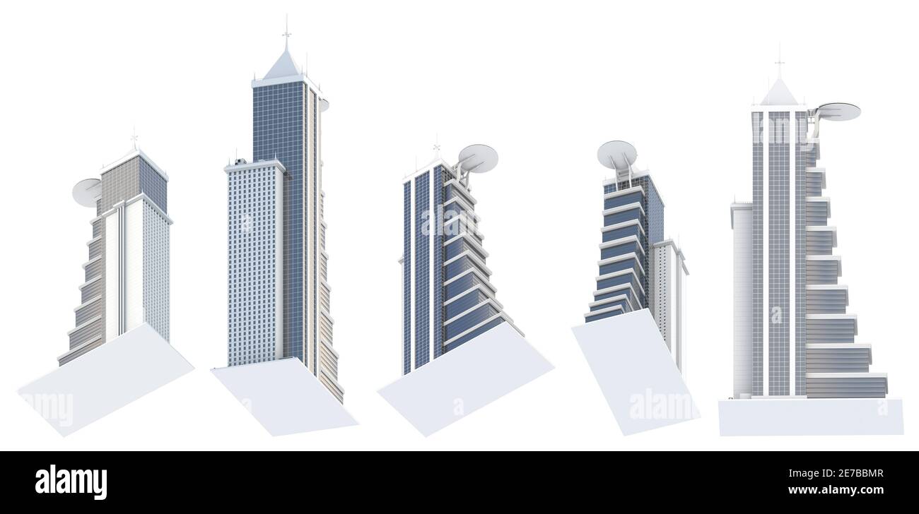5 renders of fictional design buildings with helipad with cloudy sky ...