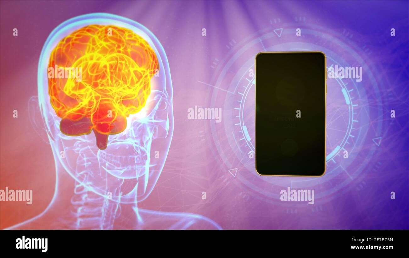 Industrial 3D illustration - x-ray human head image with cell phone ...
