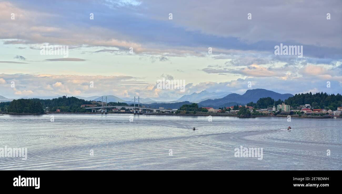 A view of Sitka Sound and Sitka Alaska, including the O-Connell Bridge ...