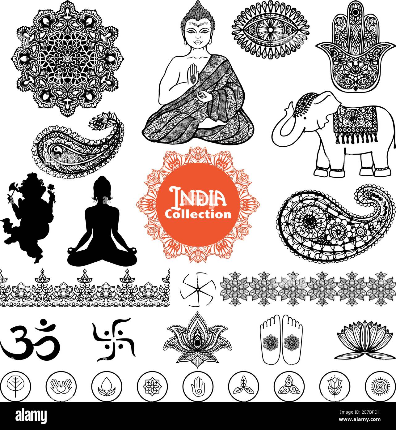 Hand drawn india design elements set with woman in lotus position ...