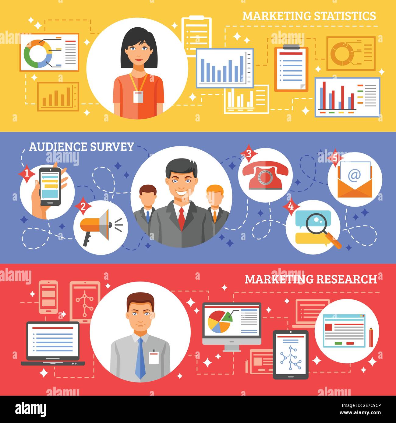 Banner from three color parts reflecting marketing methods isolated ...