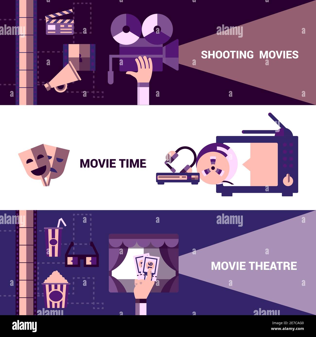 Flat horizontal cinema banners with shooting moives and moive theatre ...