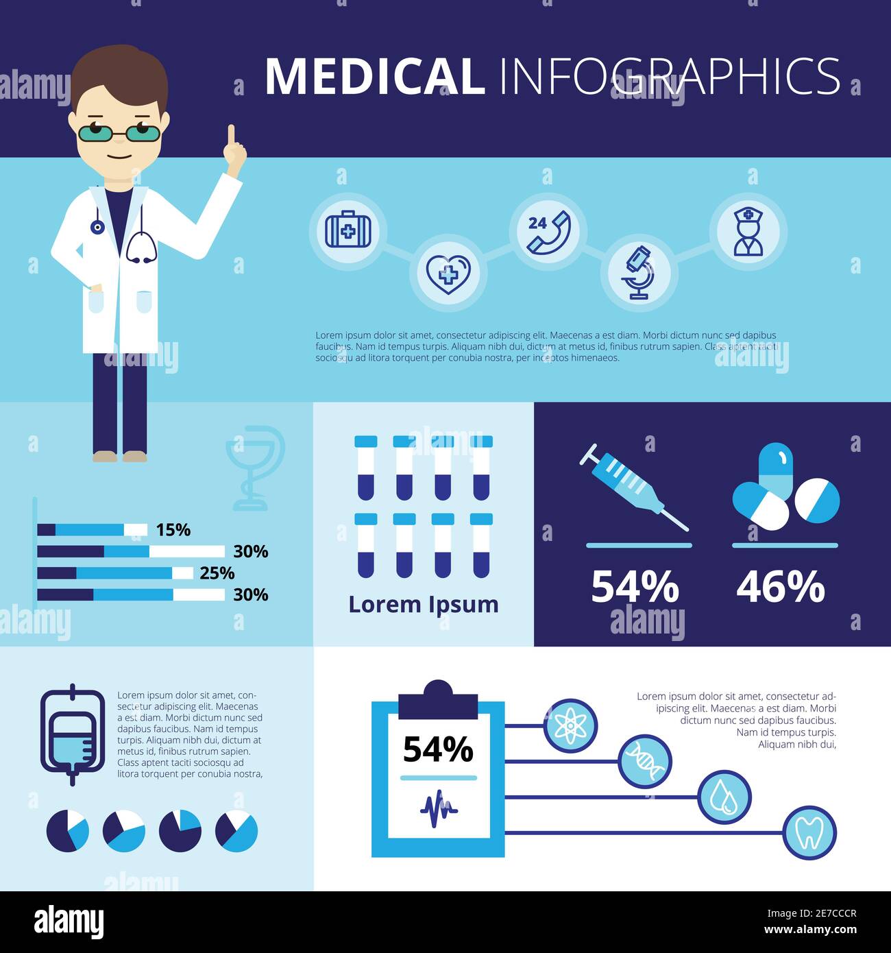 Medical infographics with doctor in white coat emergency care icons ...
