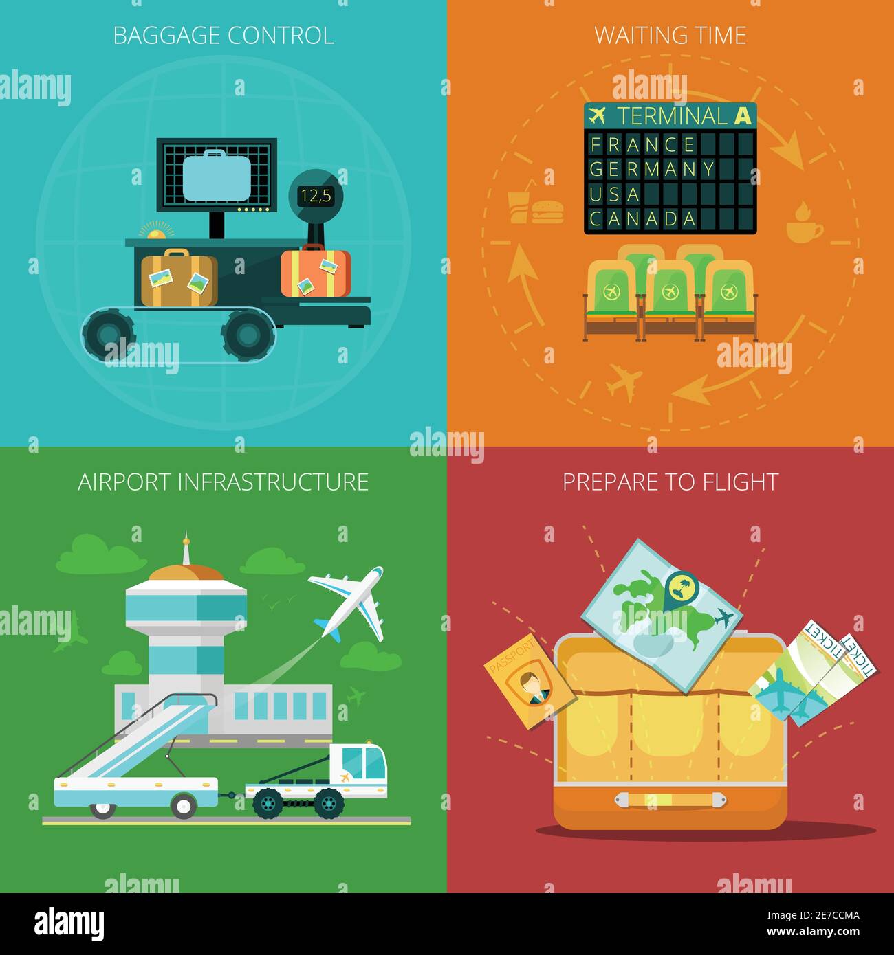 Airport design concept set with baggage control and infrastructure flat ...