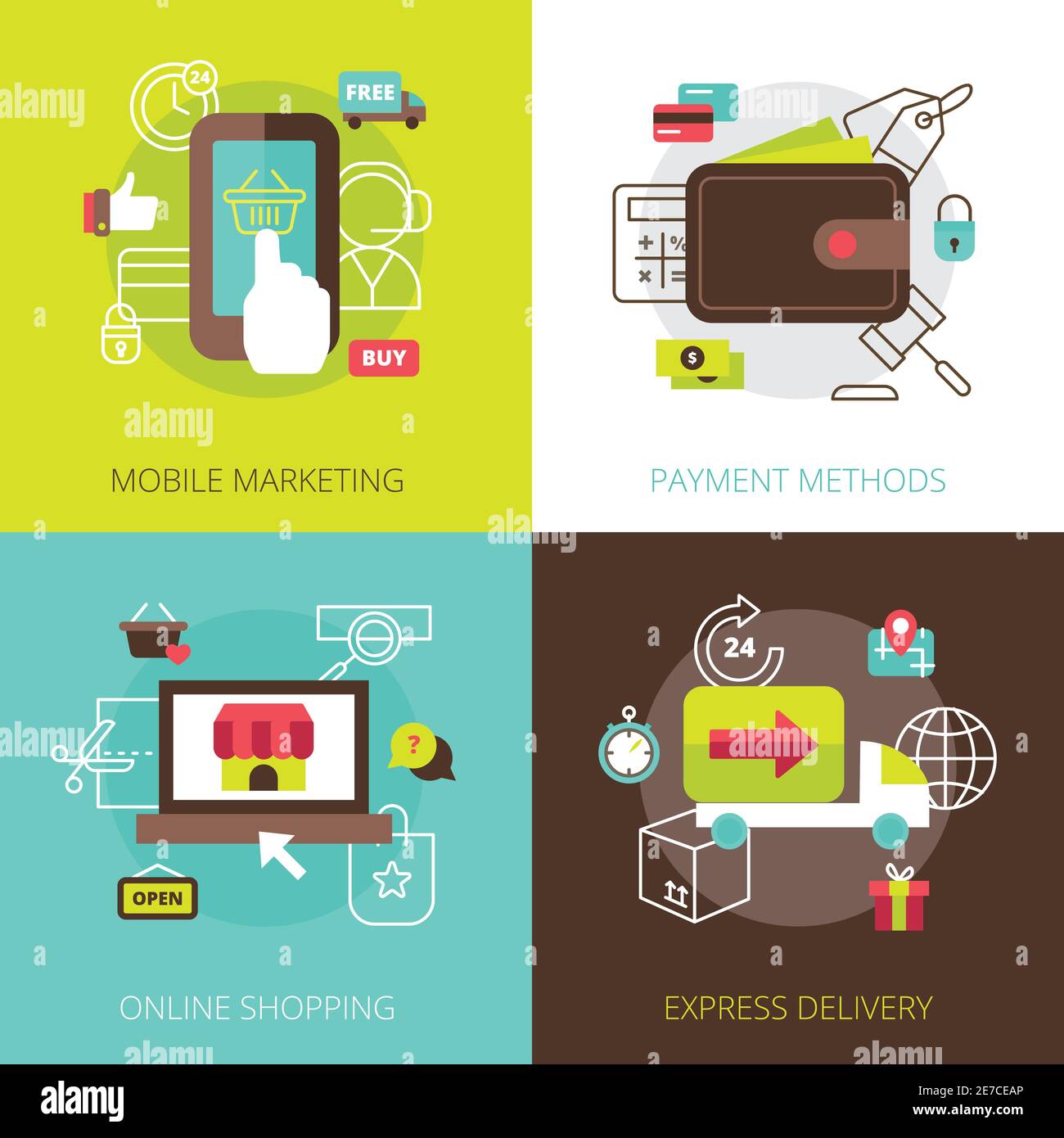 Online shopping marketing methods and secure payment options 4 flat icons square composition ...