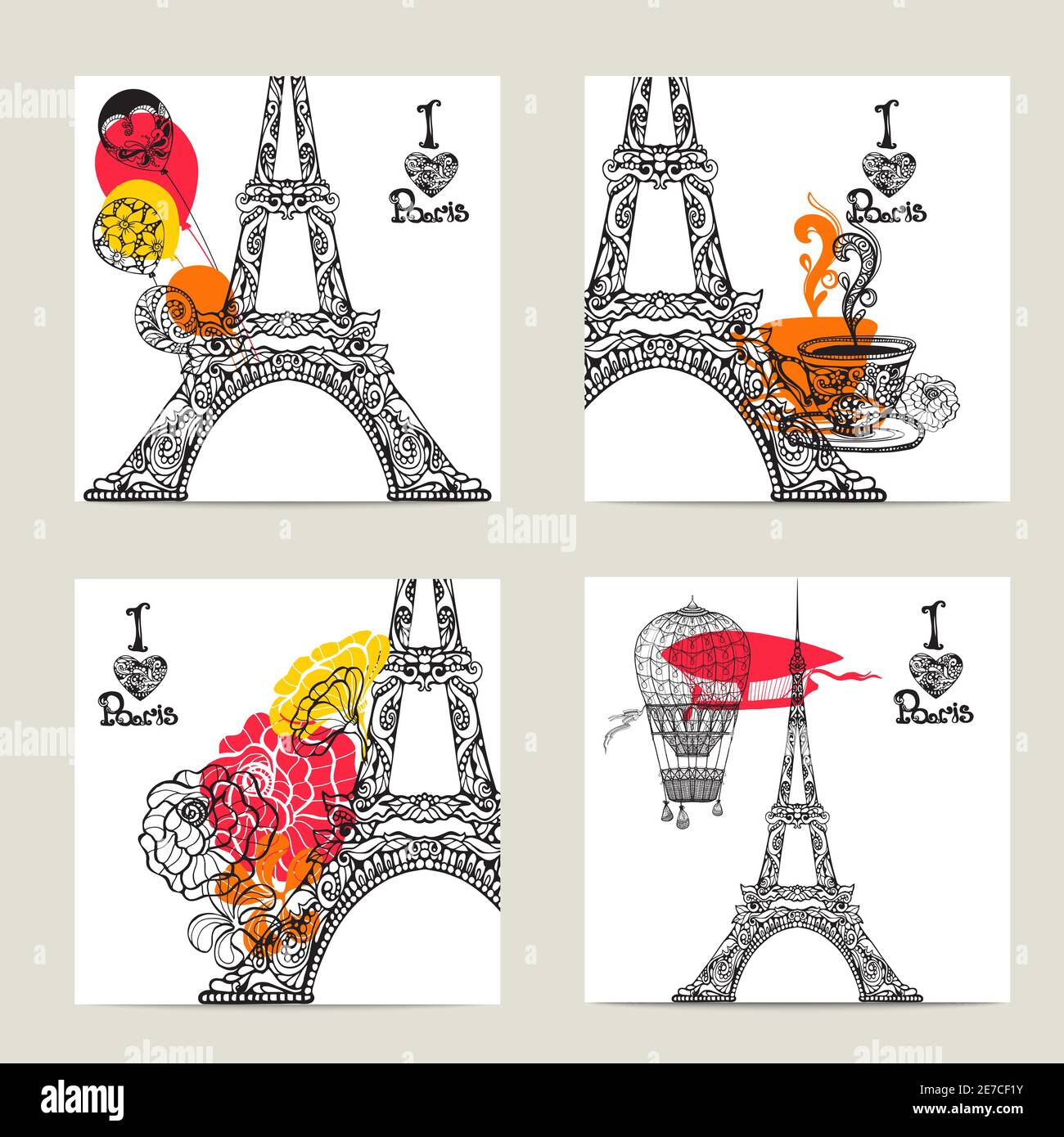 Paris card set with hand drawn flower decorated Eiffel tower isolated ...