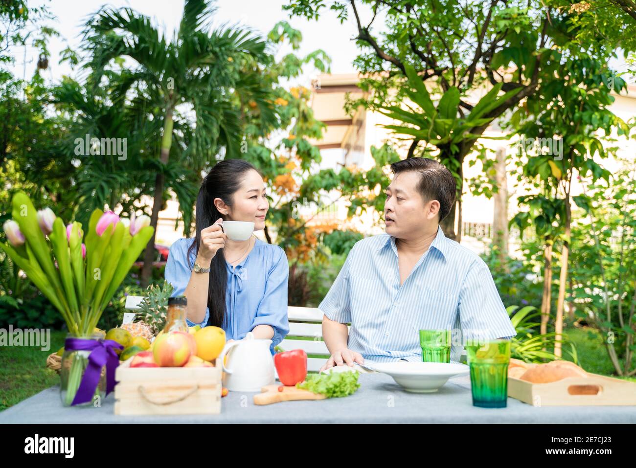 Senior Couple With Food And Drink Picnic In Garden Park Talking Care