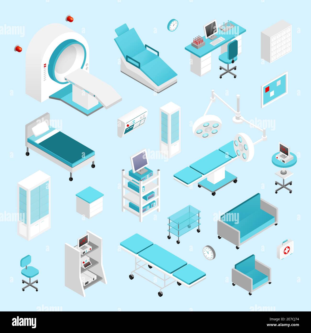 Hospital equipment and furniture isometric icons set isolated vector ...
