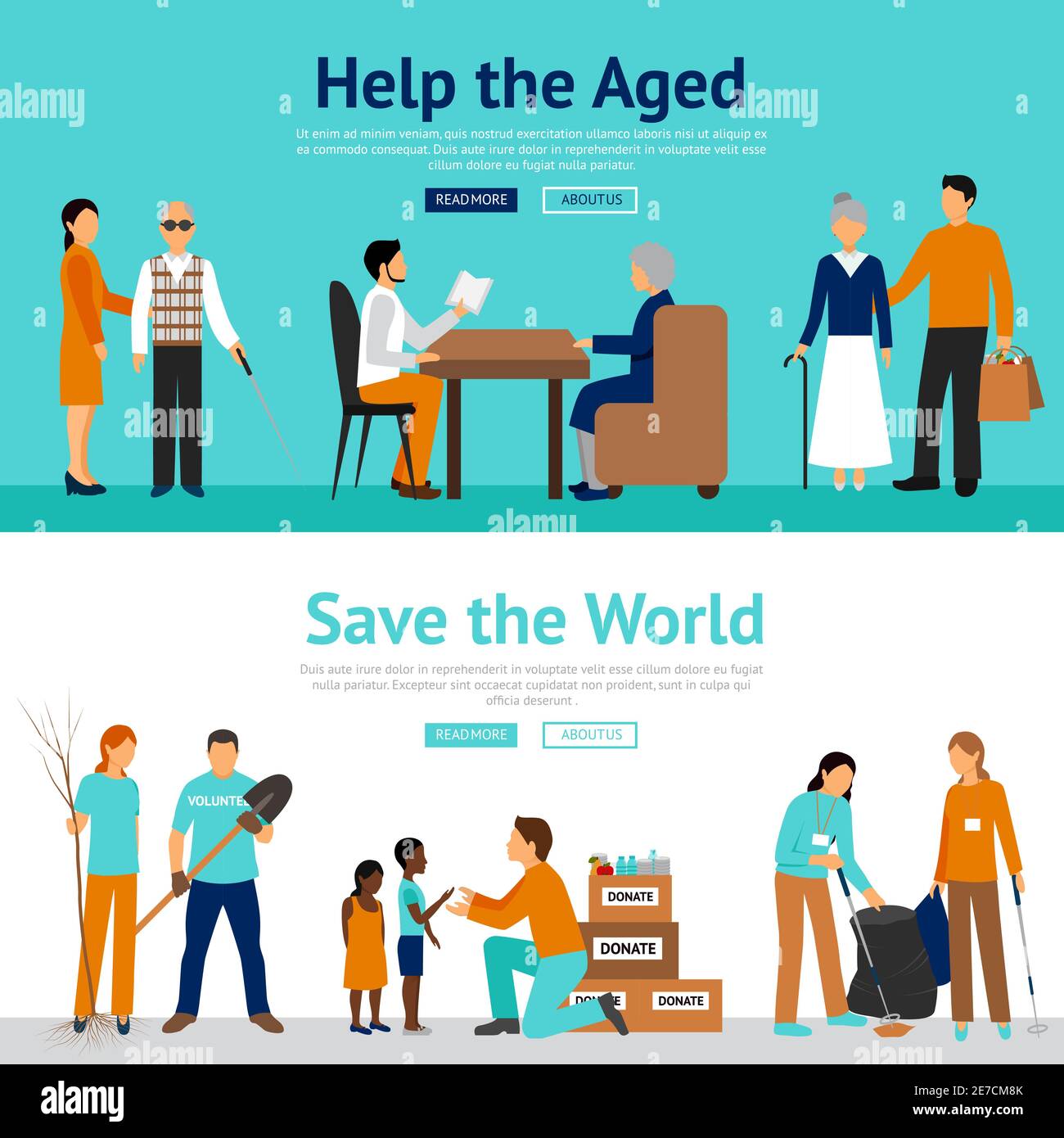 Volunteer horizontal banner set with children and seniours support ...