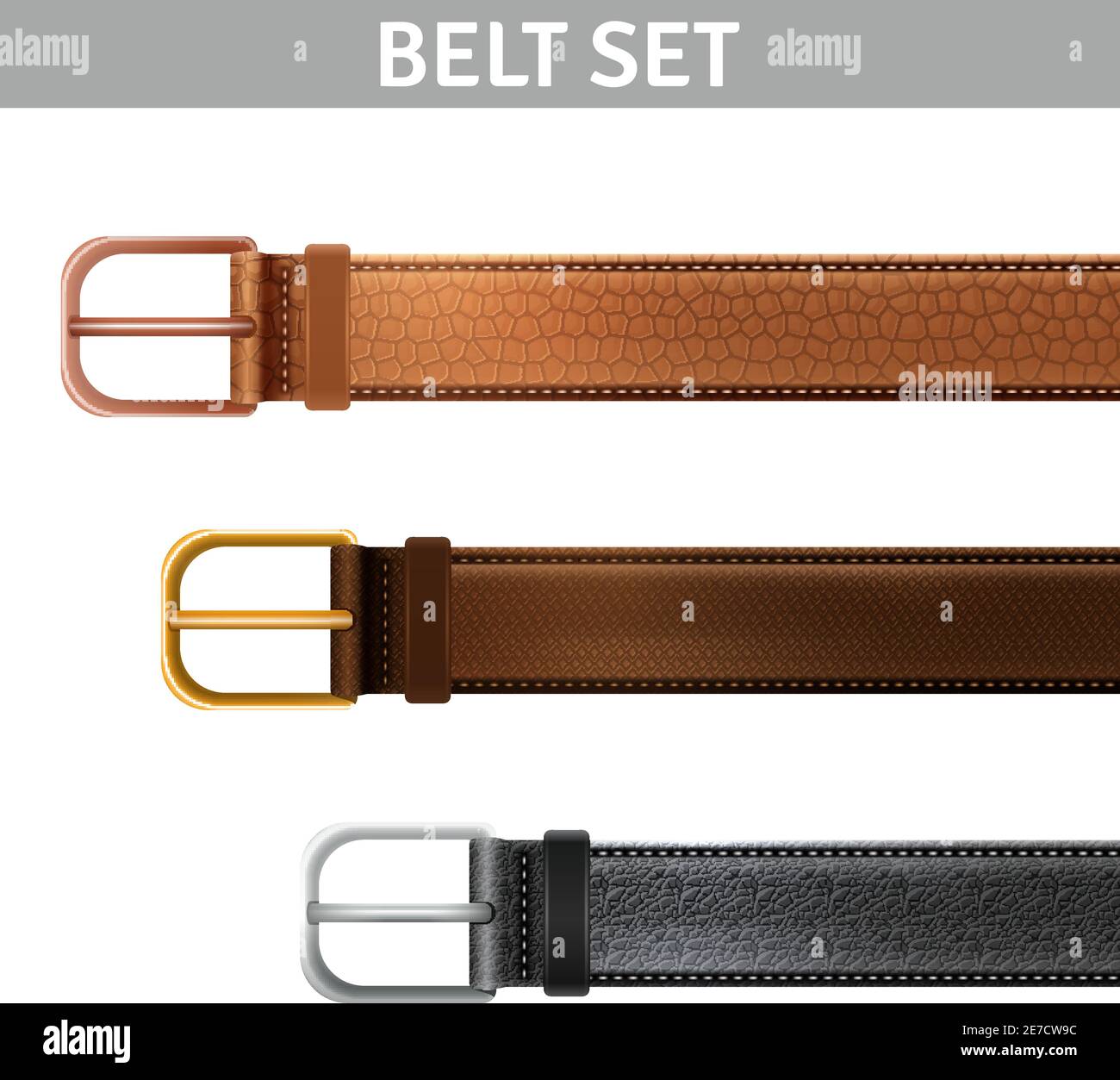 Realistic leather belts set with metal buckles isolated vector ...
