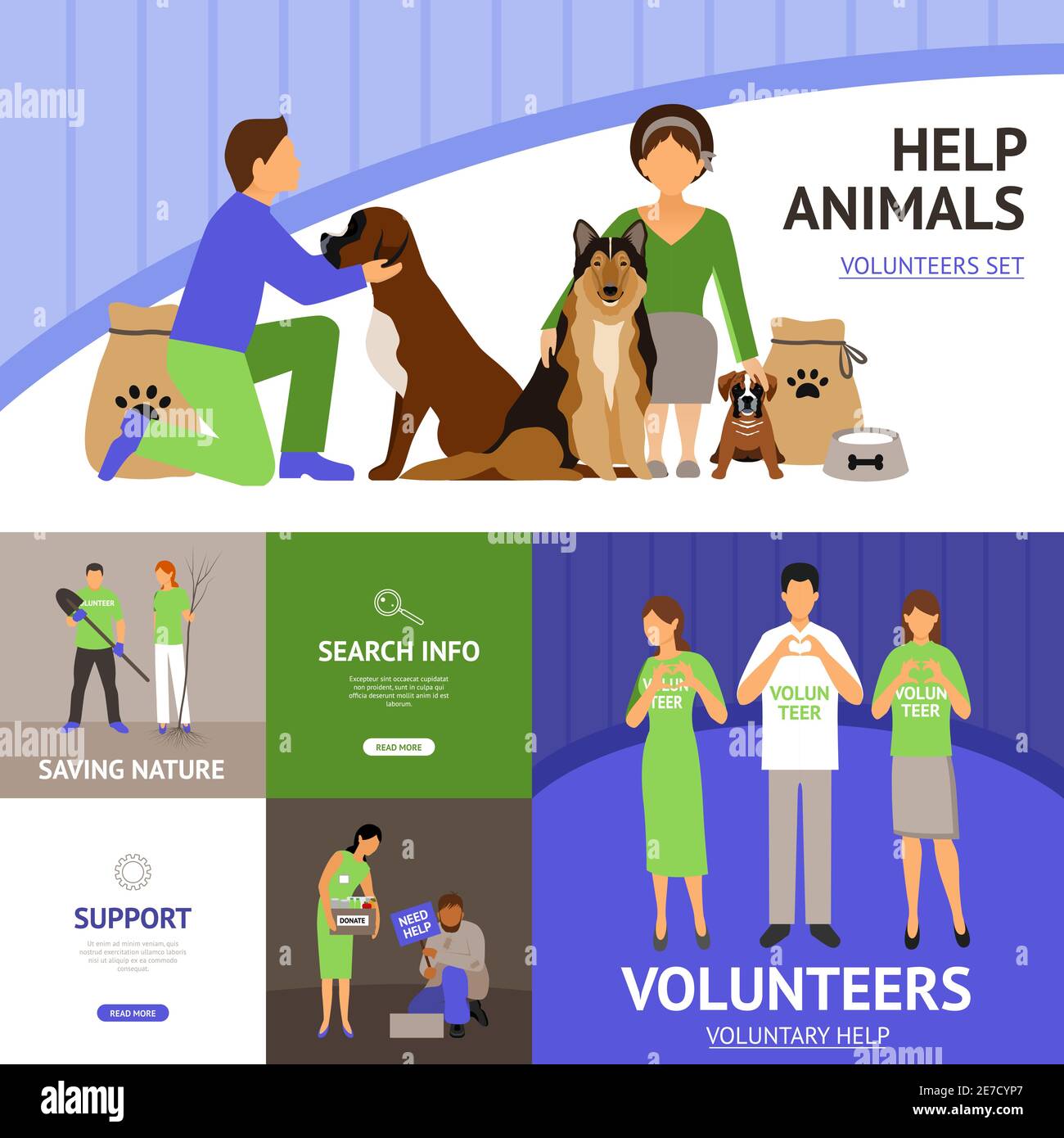 Volunteers concept set with animals and homeless help flat icons vector ...