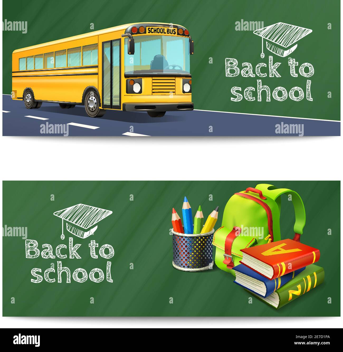 Back to school horizontal banners set with bus rucksack and books ...