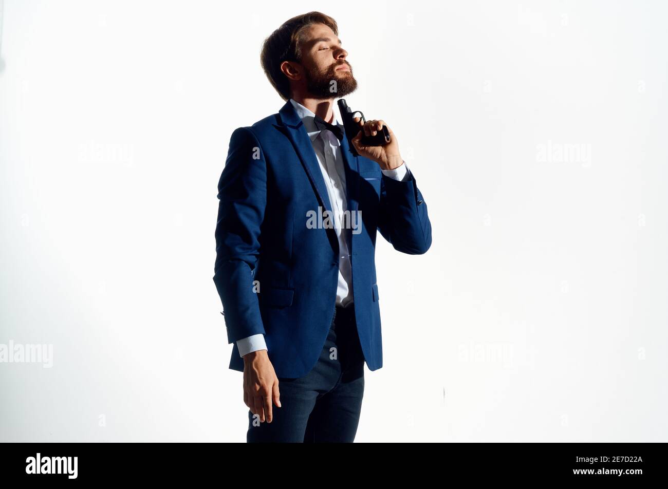 man in suit holding pistol lost his head suicide isolated background ...