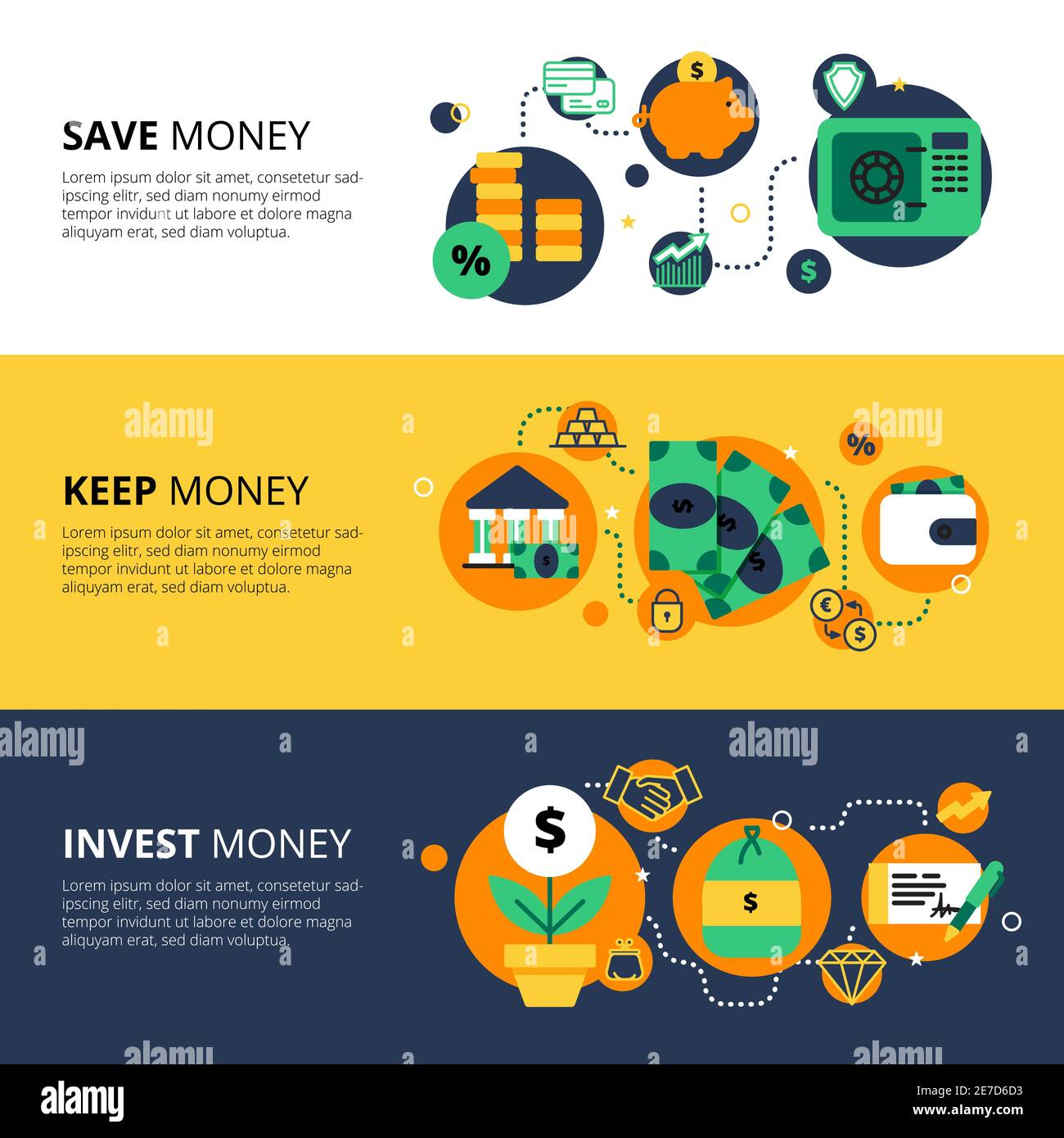 Flat collection of horizontal finance banners with saving keeping and ...