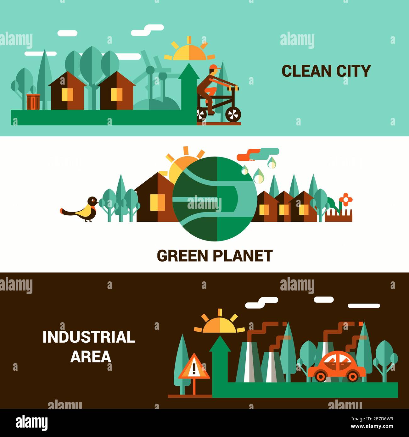 Flat vector horizontal banners on theme ecology with illustration of ...