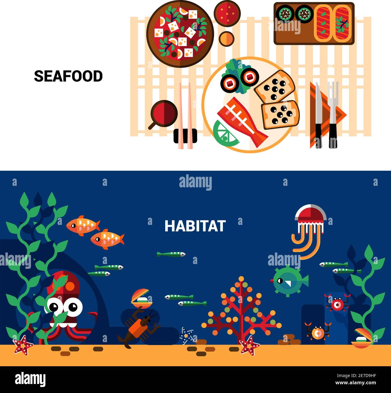 Horizontal banners set of marine life and table served with seafood ...