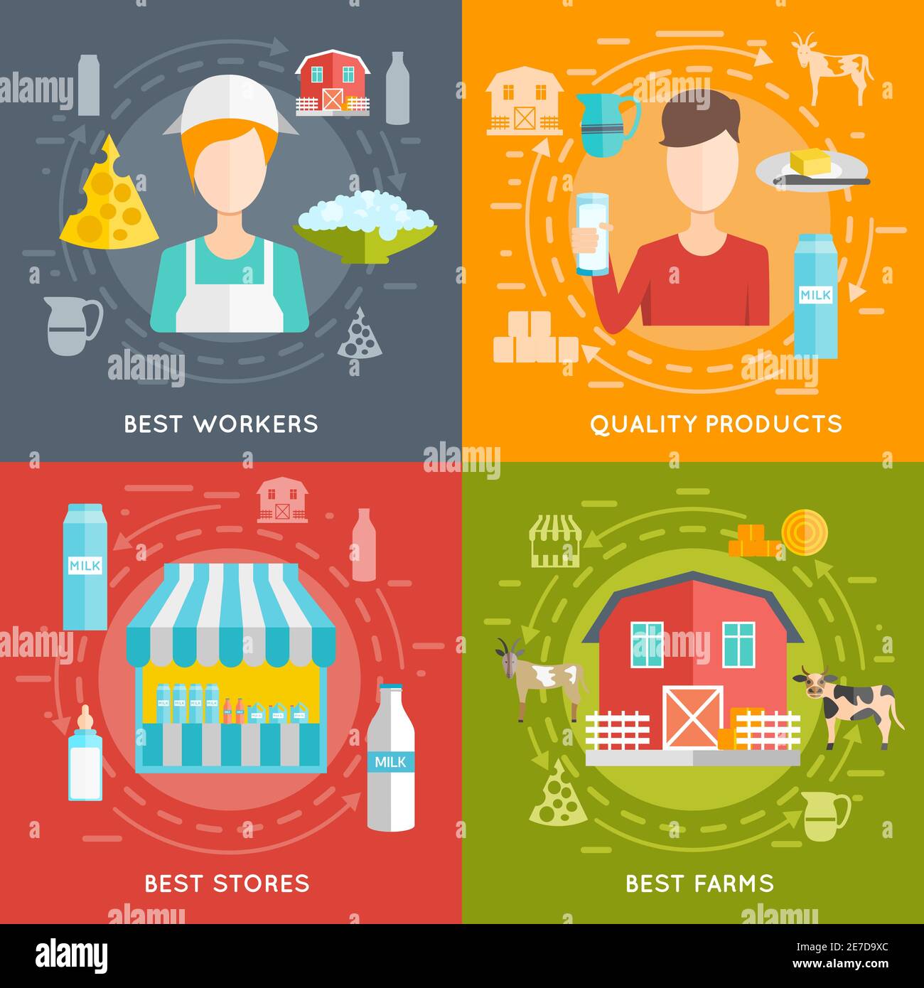 Milk design concept set with quality products flat icons isolated ...