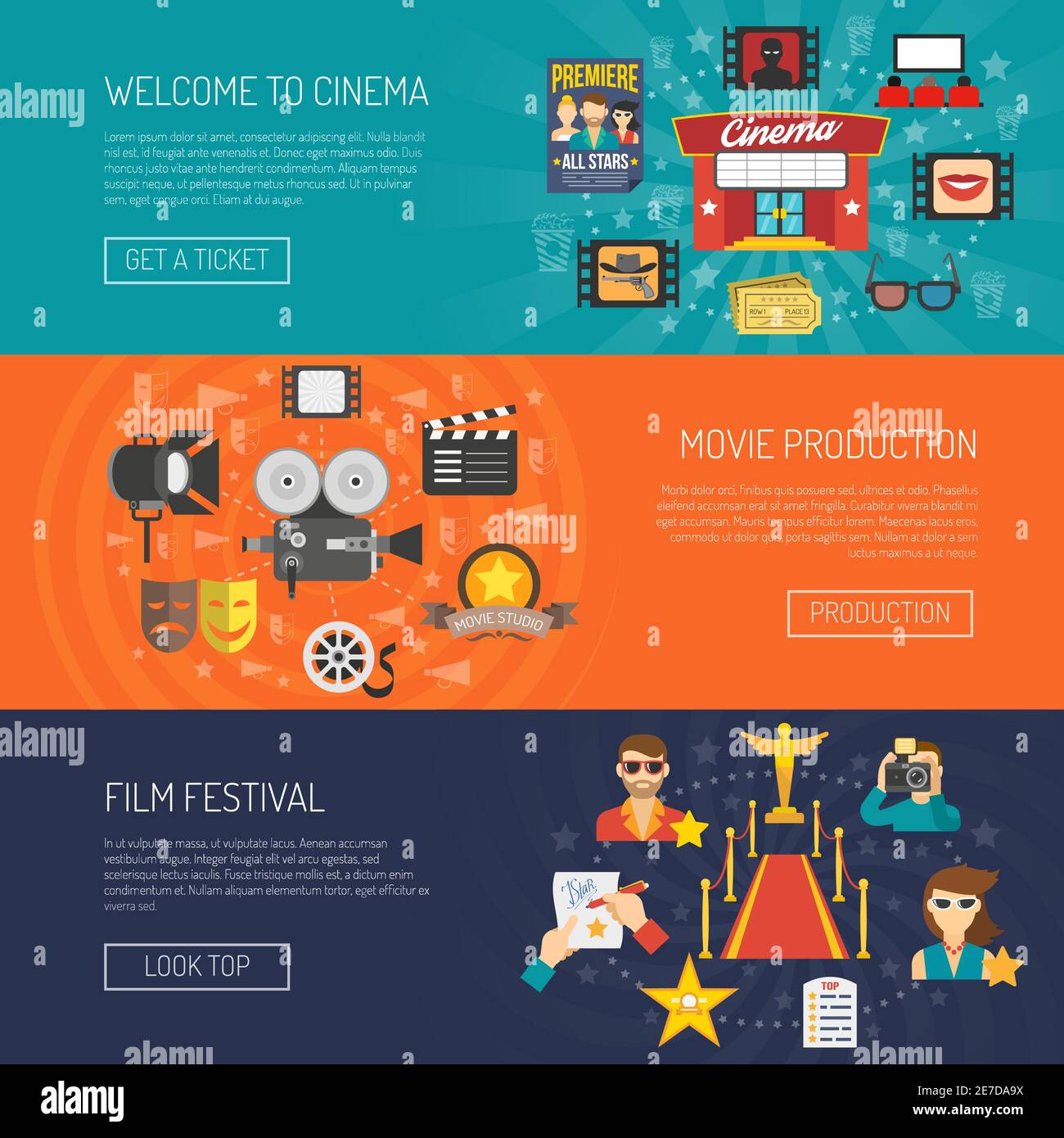 Movie banner horizontal set with film festival flat elements isolated ...