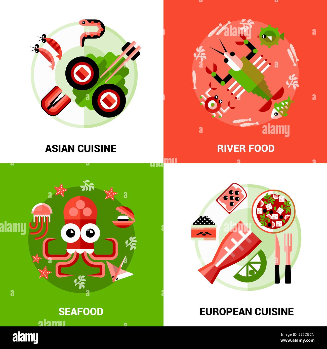 Design concept set of seafood river food and dishs of asian and ...
