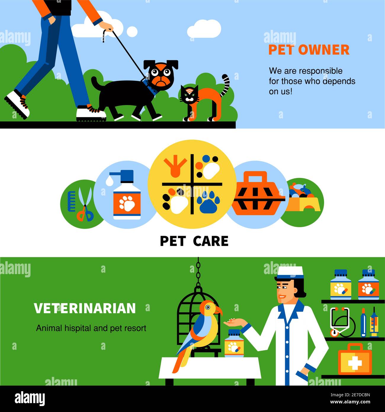 Flat horizontal Veterinary banners with owner of pet dog for walk pet ...