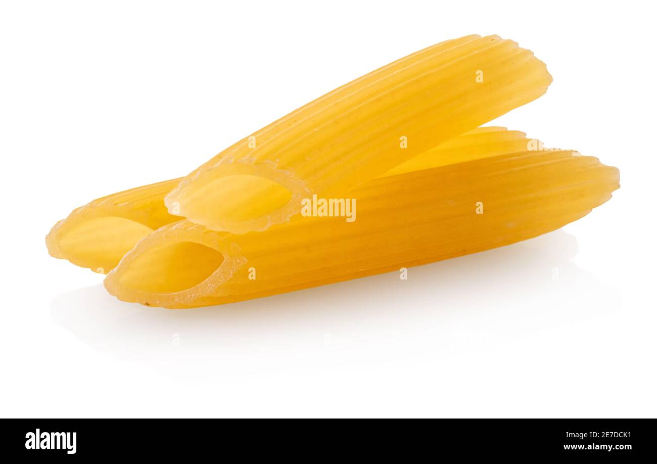 raw pasta penne rigate on white isolated background with clipping patch ...