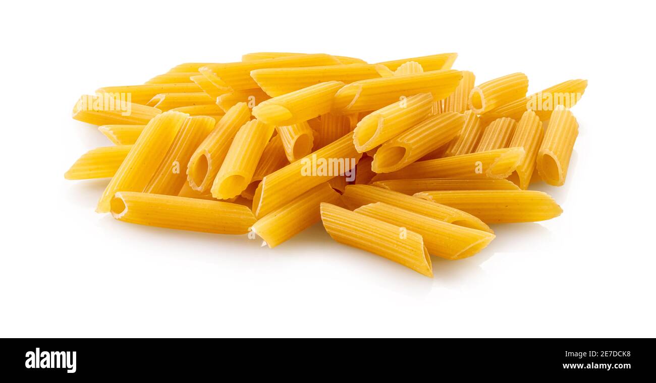 raw pasta penne rigate on white isolated background with clipping patch ...