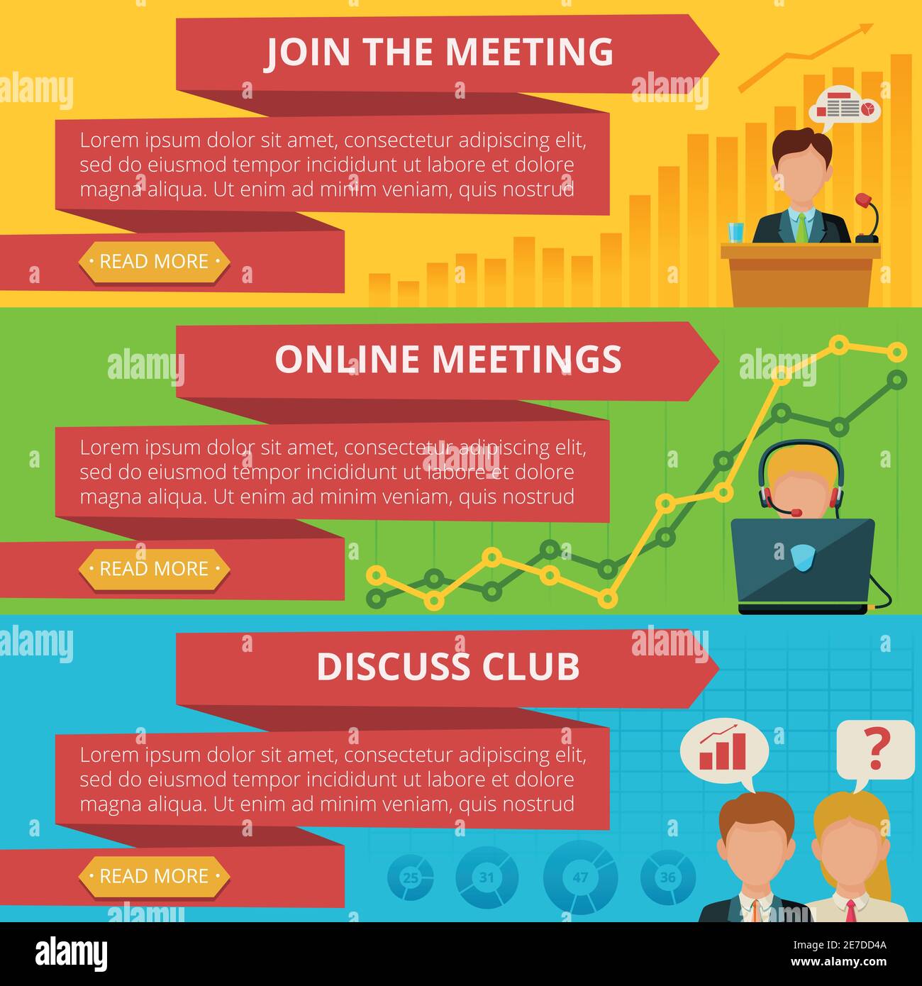 Meeting horizontal banner set with online discuss club flat elements ...