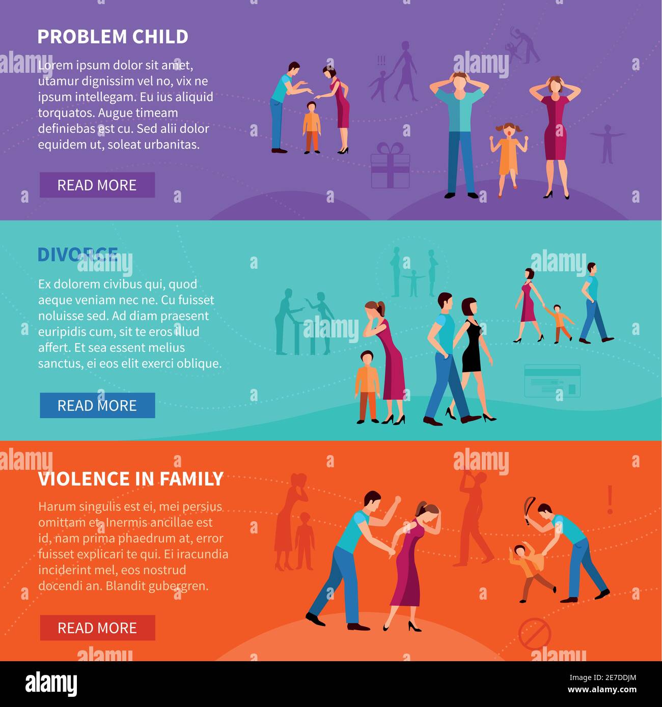 Flat horizontal banners set with people having family problems vector ...
