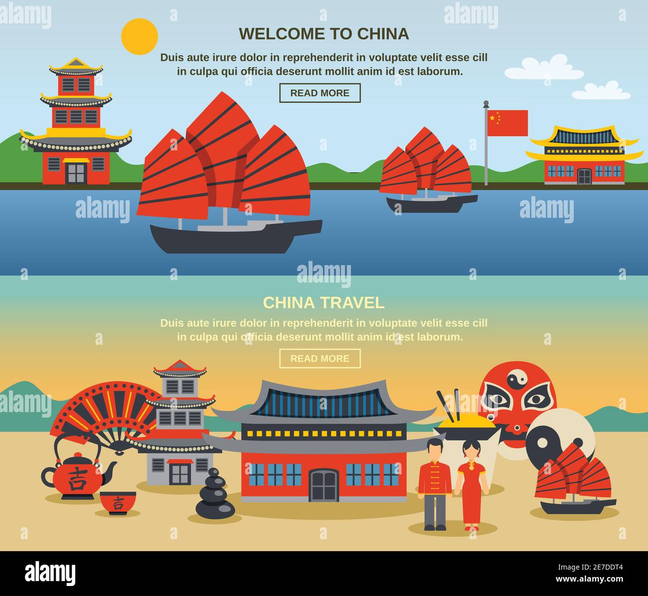 Welcome to china two flat banners set information with symbols ...