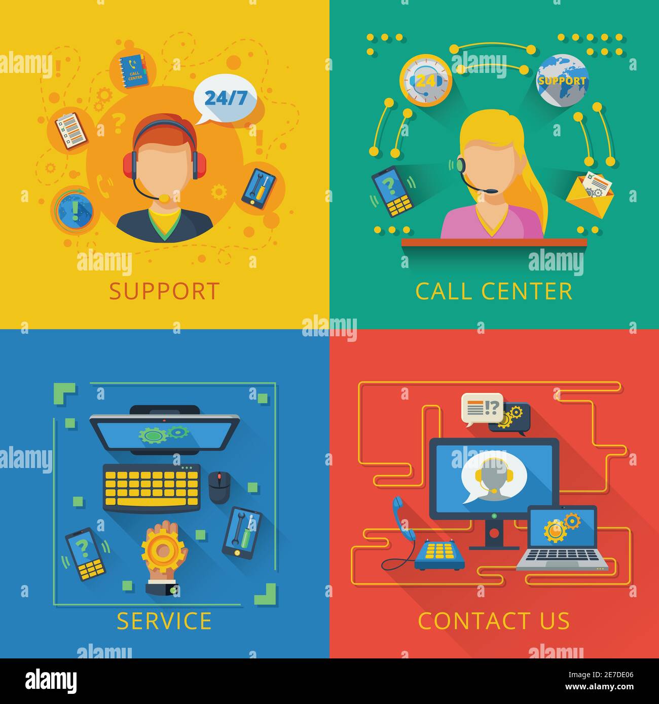Support design concept set with call center service flat icons isolated vector illustration ...