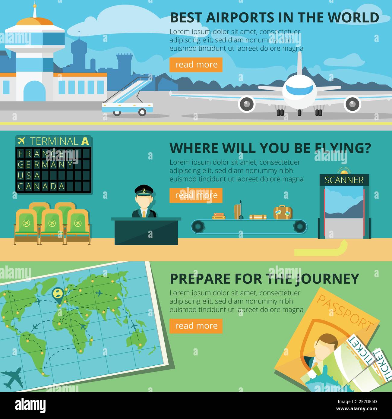 Airport horizontal banner set with flight check elements isolated ...