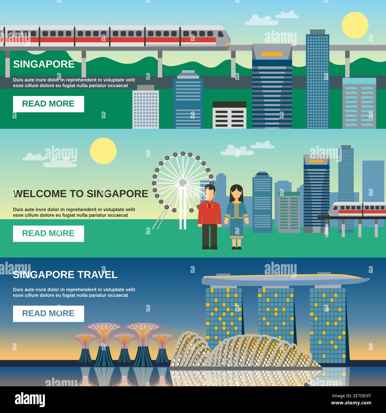 Singapore best tourist attractions webpage 3 flat horizontal banners ...