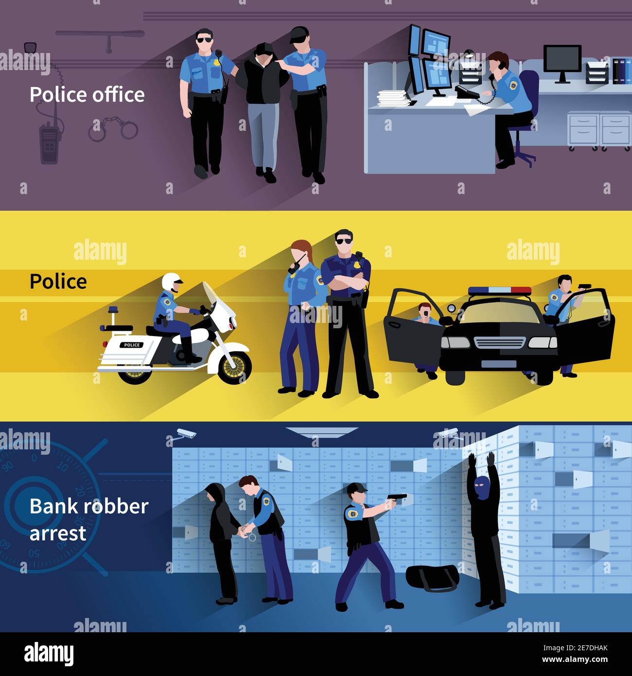 Police horizontal banners of policeman people in office and outdoor and ...