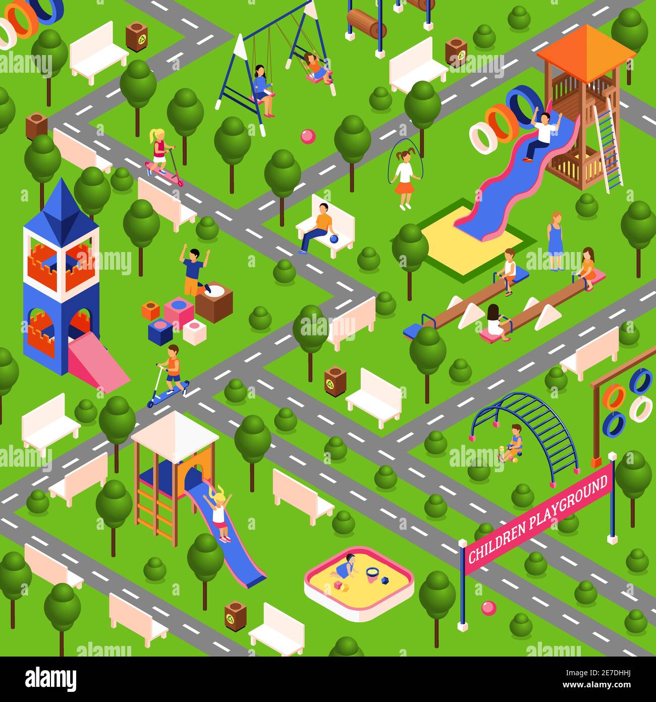 Children playground illustration with isometric park equipment vector ...
