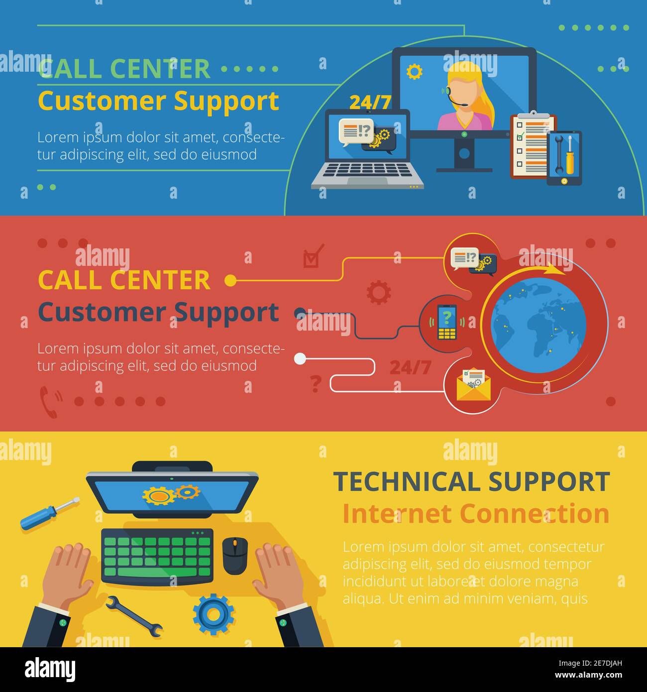 Support horizontal banner set with technical call center flat elements ...