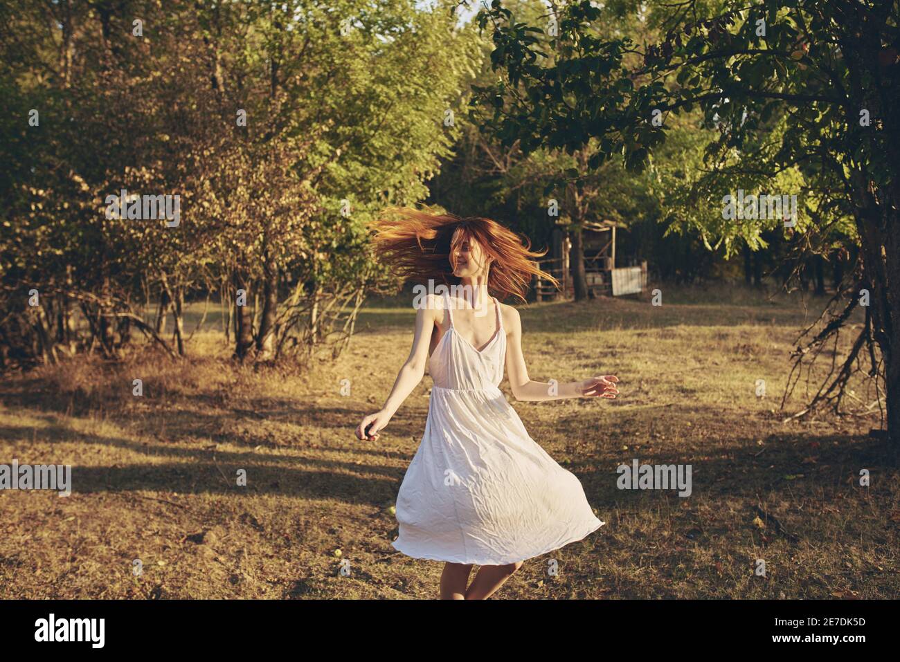 happy woman in white sundress near trees on nature in autumn Stock ...