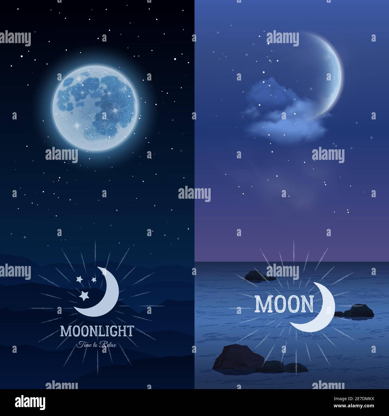 Moonlight vertical banner set with moon on dark sky background isolated ...