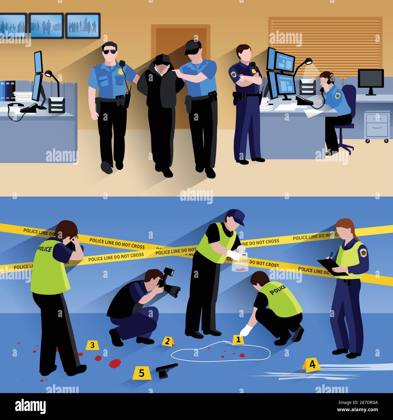 Horizontal banners compositions of policeman people in office and ...