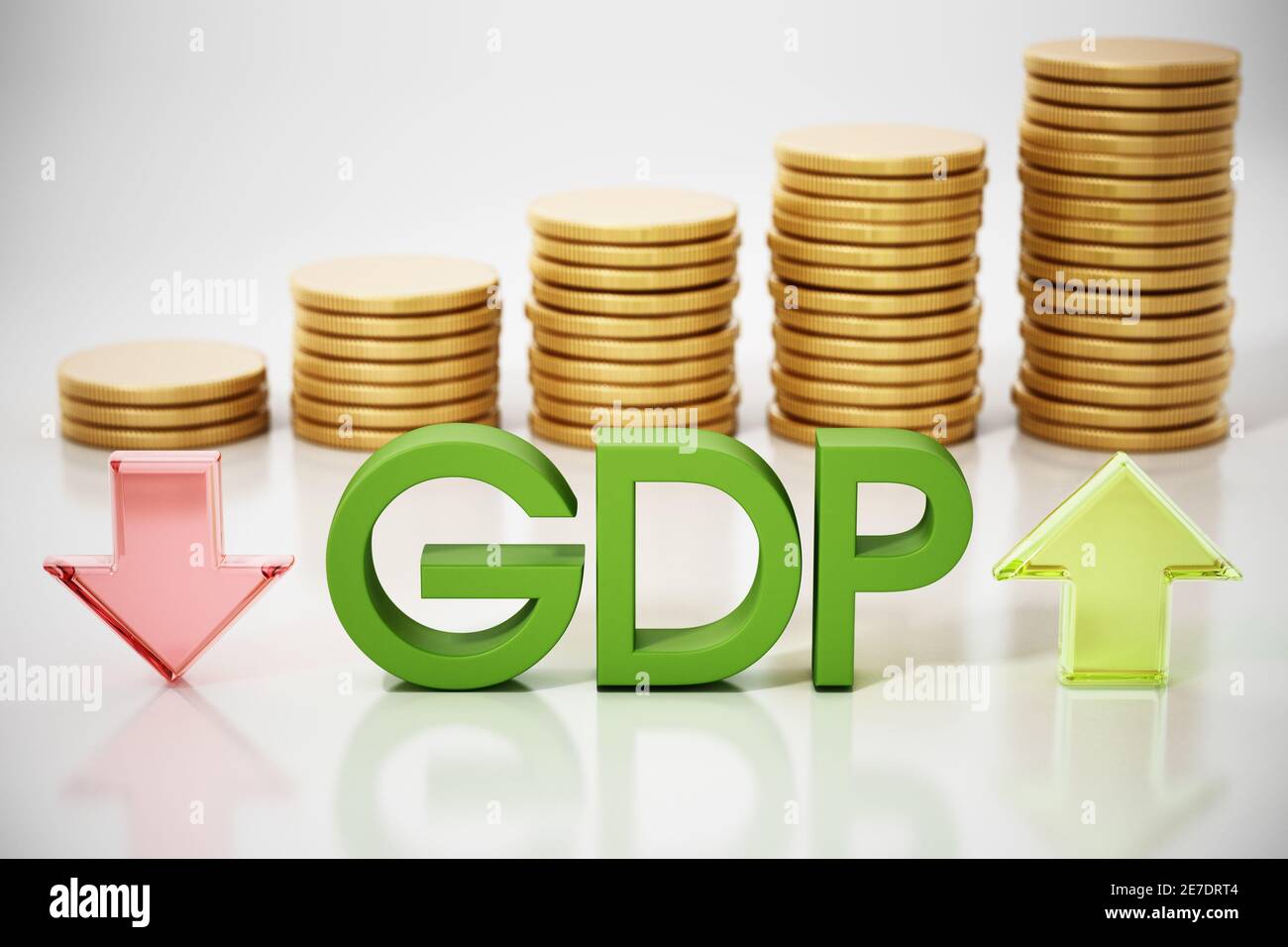 GDP word, rising and falling arrows and coins. Gross domestic product ...
