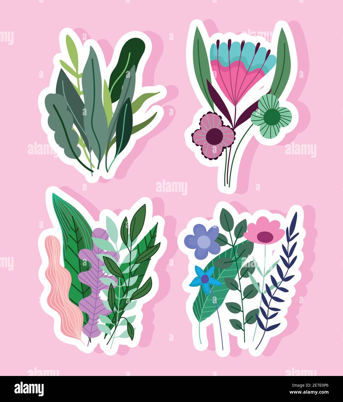 set stickers with flowers leaves nature decoration vector illustration ...