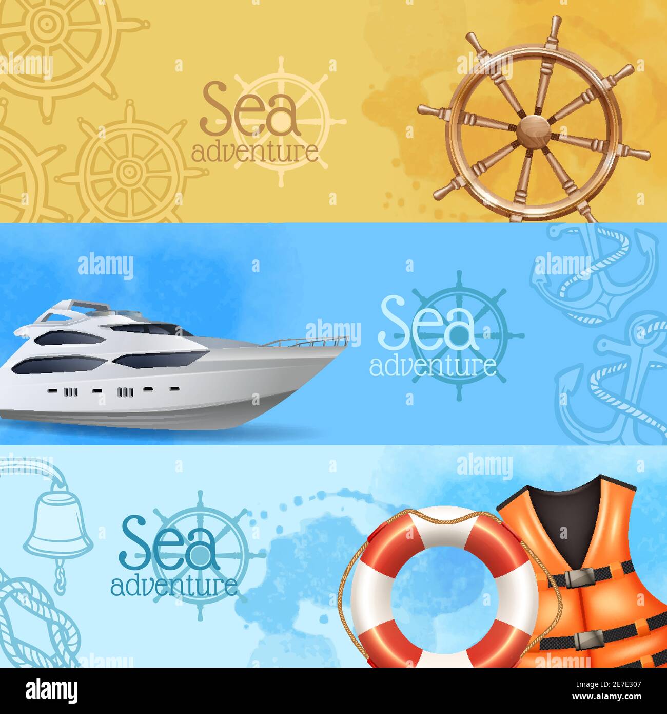 Sea adventure and travel horizontal realistic banners set with yacht ...