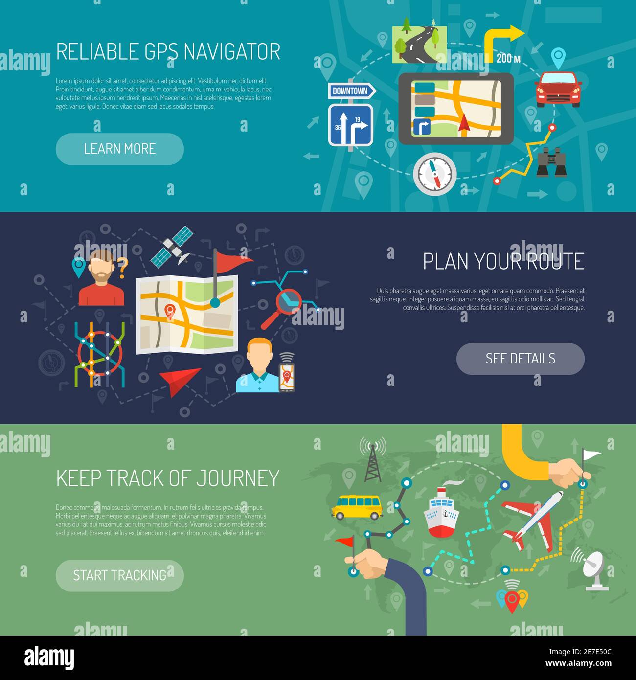 Map horizontal banner set with flat navigation elements isolated vector ...