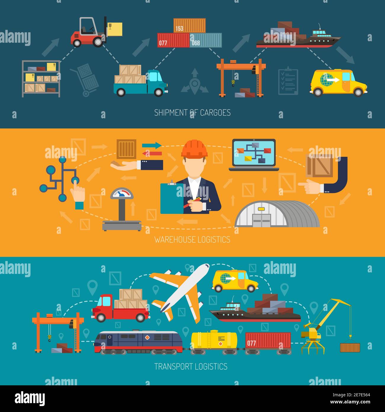 Logistics banner horizontal set with cargo shipment flat elements ...