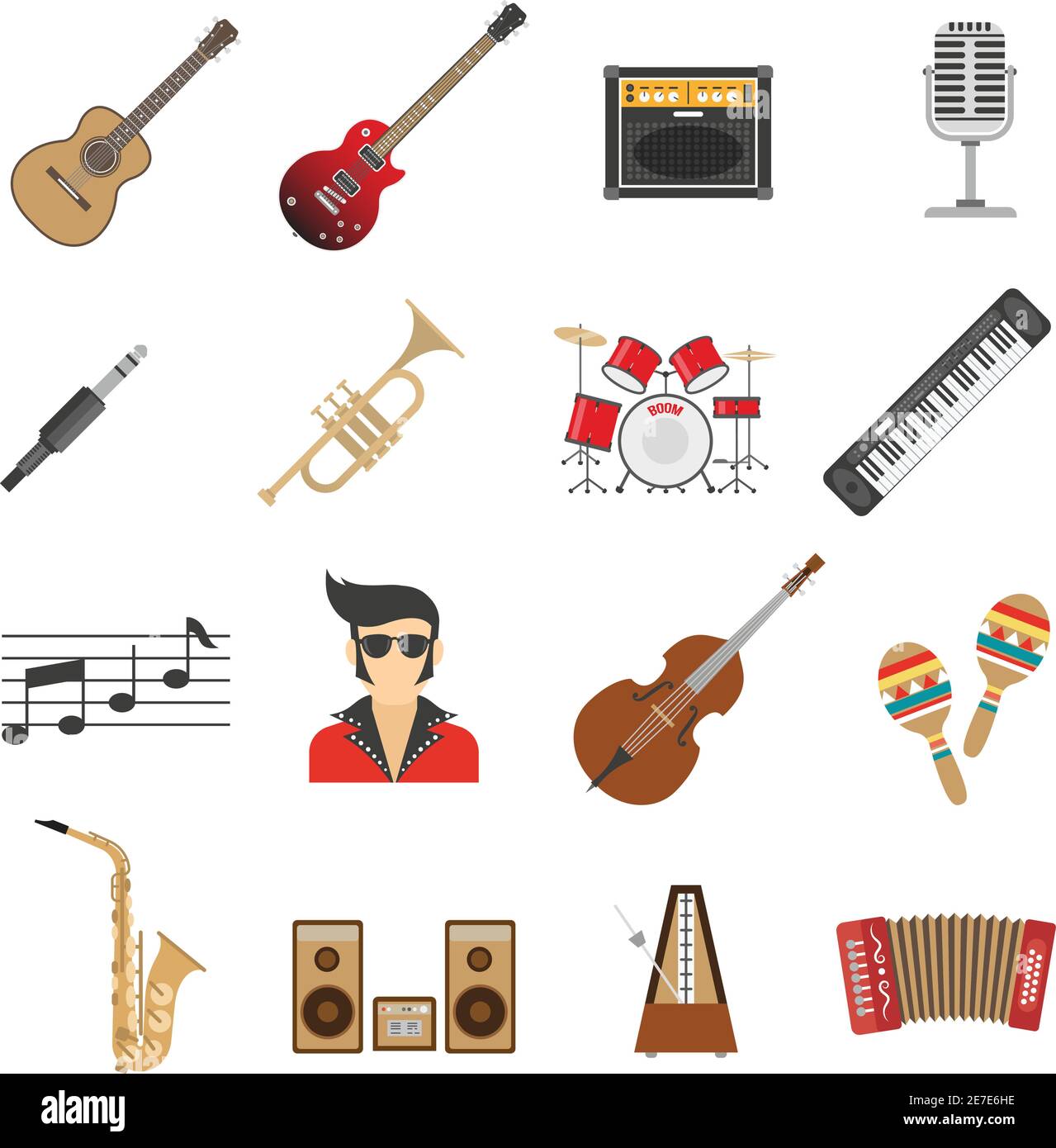Music icons flat set with instruments and singer isolated vector ...