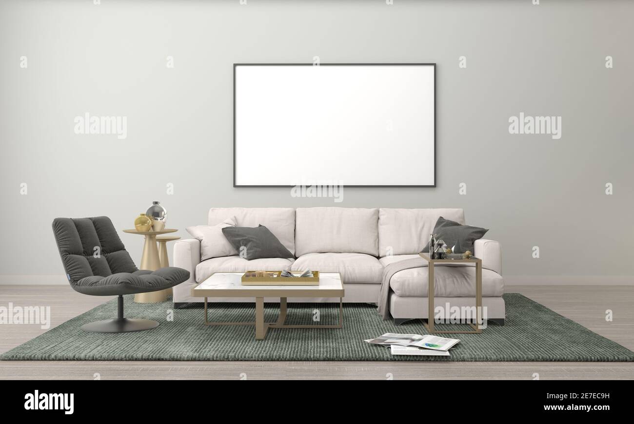 3D render of a modern living room with a blank frame on the wall Stock ...