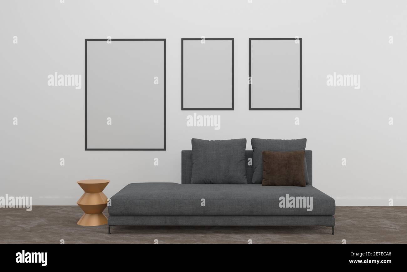 3D render of a modern living room with blank frames on the wall for ...