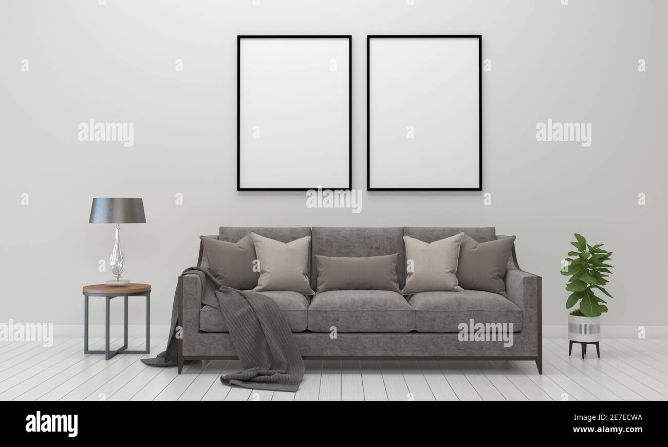 3D render of a modern living room with blank frames on the wall for ...