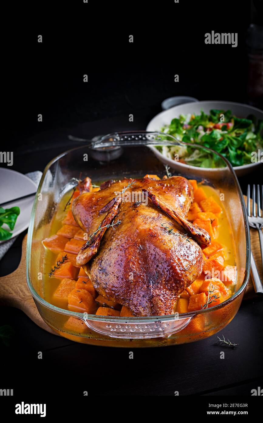 Homemade baked duck. Crispy whole roast duck. Thanksgiving or Christmas ...