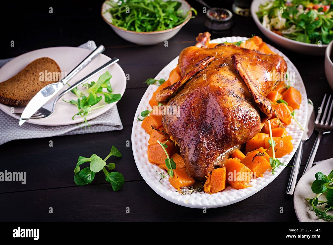 Homemade baked duck. Crispy whole roast duck. Thanksgiving or Christmas ...