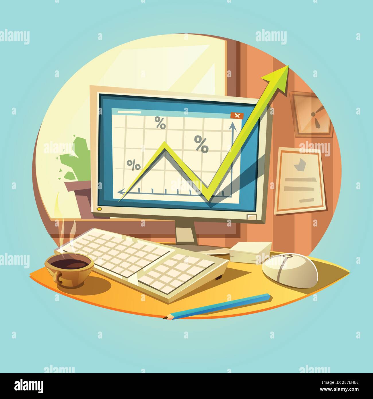 Business concept with retro cartoon laptop on office desk vector ...